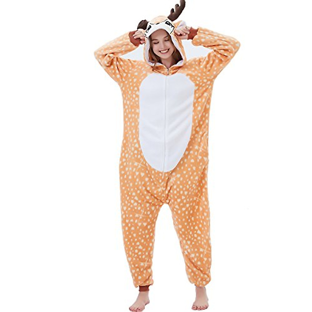 ABENCA Women Deer Onesie Pajama Reindeer Costume Adult Animal Halloween Christmas Cosplay Fawn Onepiece, M