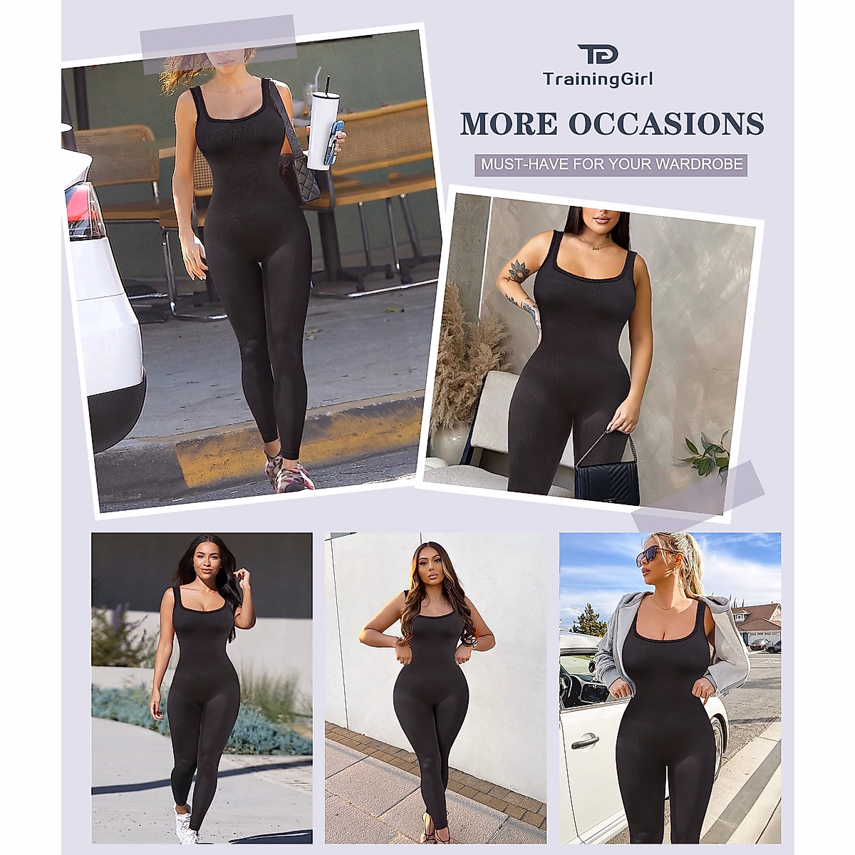 TrainingGirl Womens One Piece Workout Jumpsuits Square Neck Tank Tops Rompers Ribbed Sleeveless Exercise Unitard Yoga Bodycon (Black, Small)