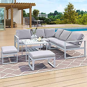 BIADNBZ 6-Pieces Patio Furniture Set for 7,Outdoor Conversation Sectional Sofa with with 1 Table and 2 Benches for Garden Deck Backyard, White