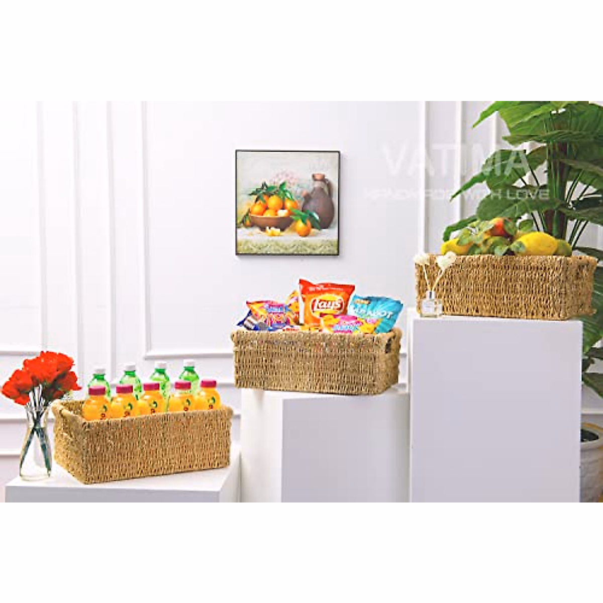 Large Wicker Basket Rectangular with Wooden Handles, Seagrass Basket Storage, Natural Baskets for Organizing, Wicker Baskets for Shelves 15.5 x 10.6 x 5.5 inches - 3 Pack