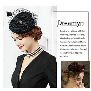Vintage Fascinators Hats 50s Flower Feather Dress Hat Tea Party Cocktail Veil Pillbox Headwear with Clips for Women (Black)