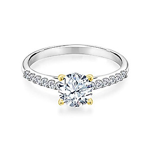 925 Sterling Silver with 10K White Gold Prongs Hearts And Arrows White Created Sapphire and Lab Grown Diamond Women Engagement Ring (1.18 Cttw, Round 6MM, Available In Size 5, 6, 7, 8, 9)