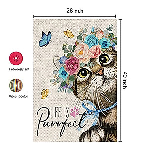 CROWNED BEAUTY Spring Floral Cat Garden Flag Life Is Perfect 12×18 Inch Double Sided for Outside Small Burlap Seasonal Yard Flag