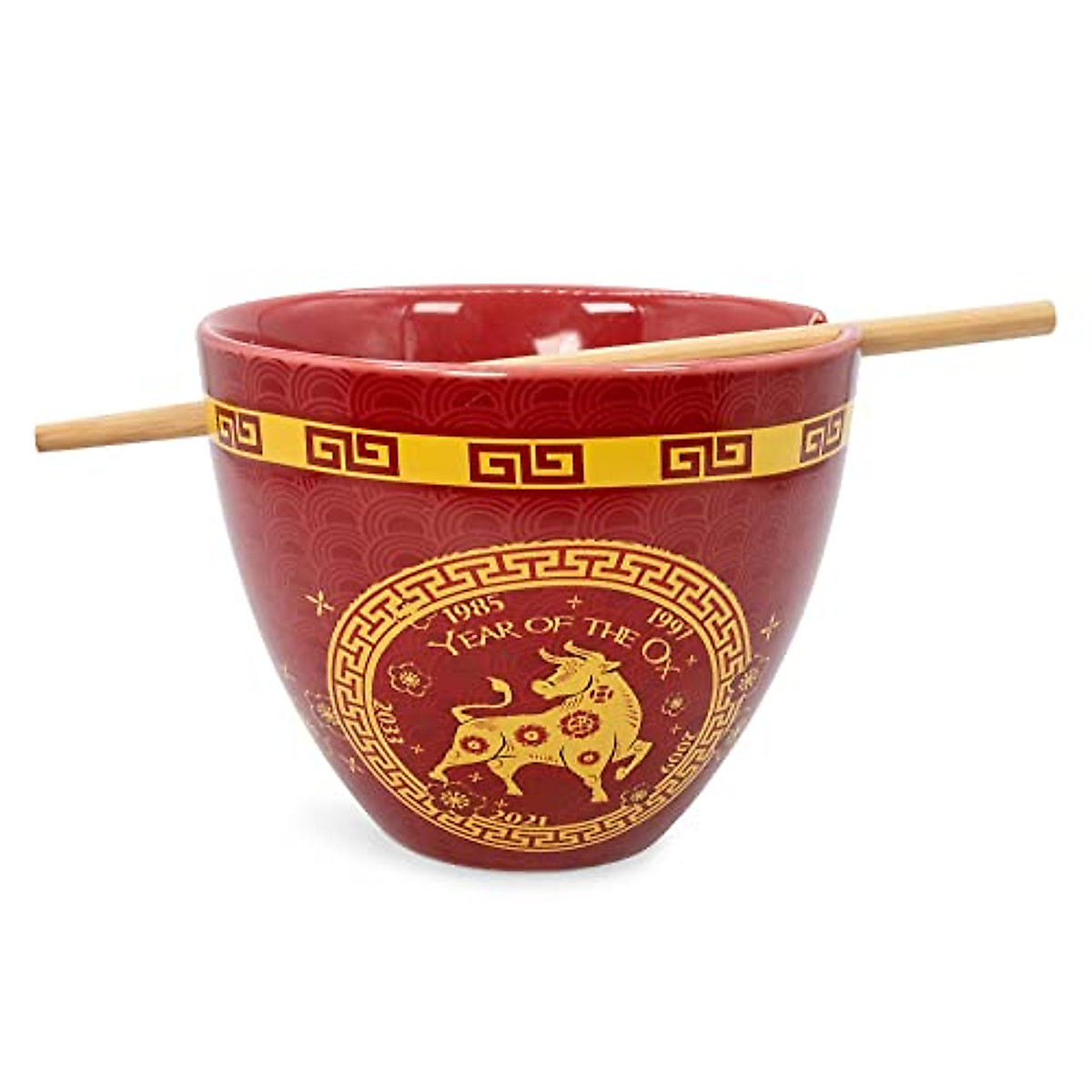 Boom Trendz Year Of The Ox Chinese Zodiac Ceramic Dinnerware Set | Includes 16-Ounce Ramen Noodle Bowl and Wooden Chopsticks Asian Food Dish For Home & Kitchen Kawaii Lunar New Gifts red One Size