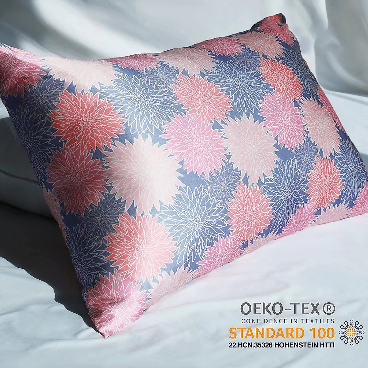 FELYSIK Pink Blue Floral Print Silk Pillowcase for Hair and Skin - Standard 20"x26", 22 Momme 100% Mulberry Silk Pillow Cases with Zipper