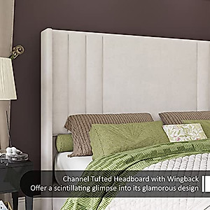 Amerlife Queen Size Bed Frame, Velvet Upholstered Platform Bed with Vertical Channel Tufted Headboard & Footboard/Wingback, Mattress Foundation with Wood Slats, No Box Spring Needed, Cream