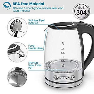 Plaman Electric Kettle,Glass Tea Kettle 1.8L with Blue LED for Boiling Water,BPA-Free Hot Water Glass Kettle with Auto Shut-Off and Boil Dry Protection for Coffee & Tea