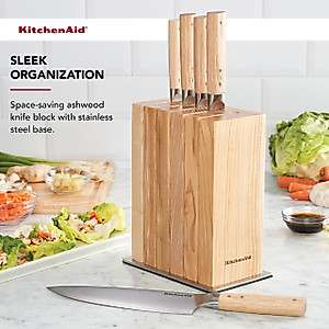 KitchenAid 6-Piece Ashwood Knife Block Set | Premium Damascus Steel Blades | Pakkawood Handles | Space-Saving Design | Includes Chef, Santoku, Slicing, Utility & Paring Knives | Kitchen Knife Set
