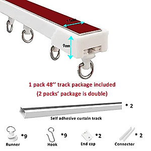 Self Adhesive Ceiling & Wall Curtain Track for Windows 48'', No Drilling, Screws or Tools Curtain Rail for Bedroom, Shower, Closet and RV - Easy to Install Curtain Rod with Curtain Clips