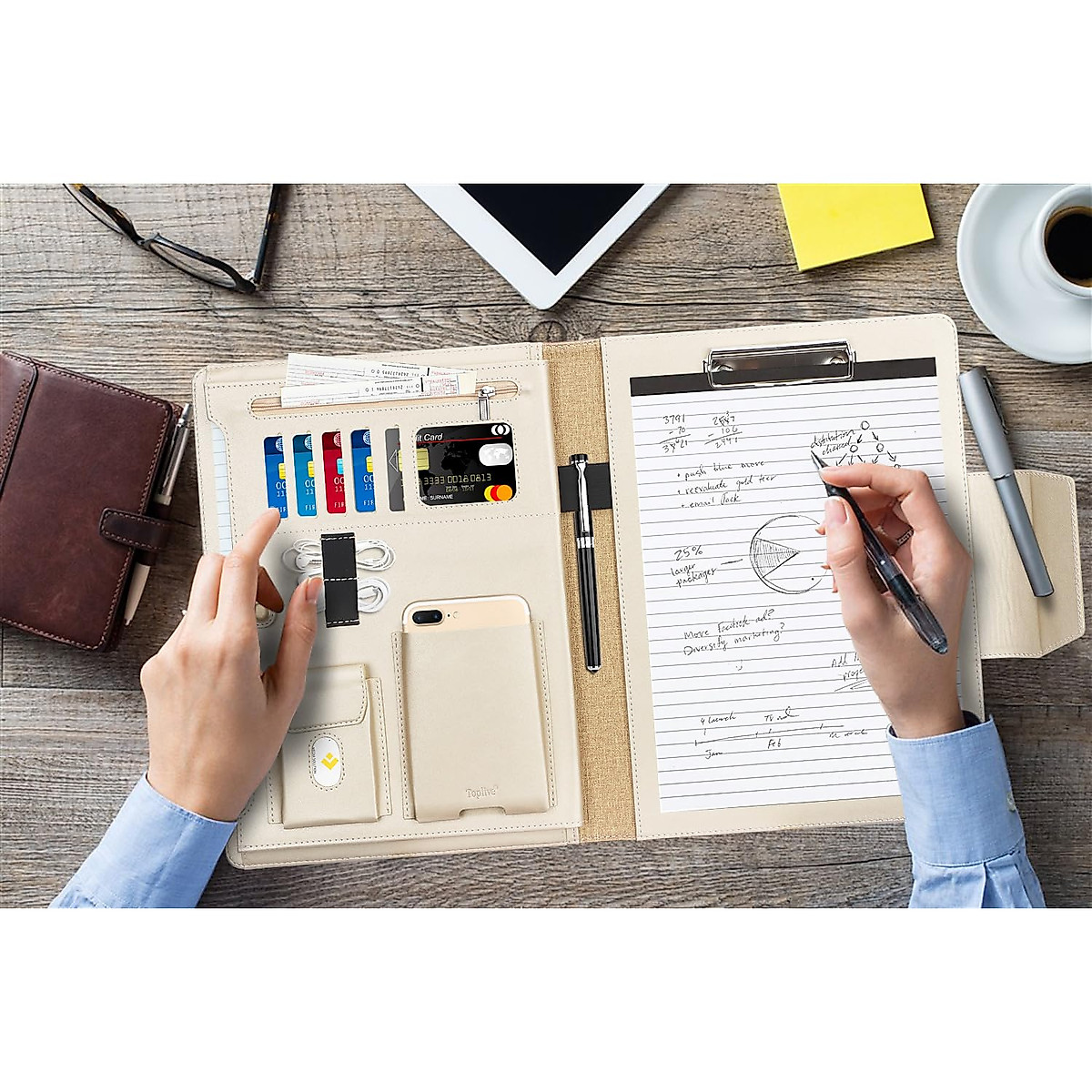 Toplive Padfolio Portfolio Case, Conference Folder Executive Business Padfolio with Document Sleeve,Letter/A4 Size Clipboard,Business Card Holders, Portfolio Padfolio for Women/Men,Black