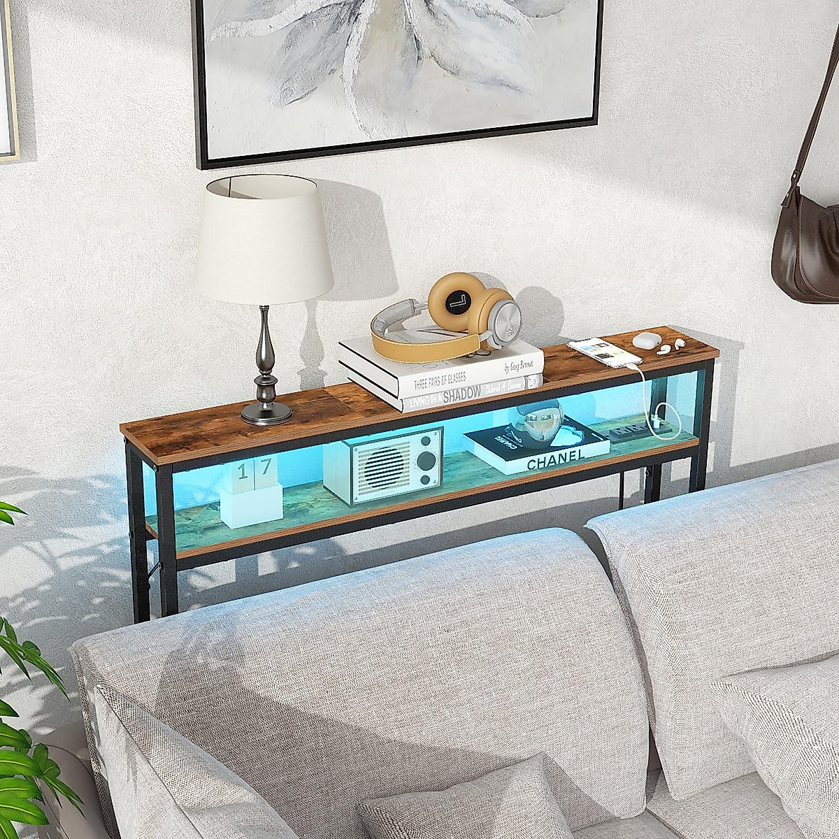 Tohomeor 5.9" Narrow Console Sofa Table with Power Outlets Led Light Sofa Skinny Behind Couch Table with Shelves Metal Frame and Charge Station (1, Rustic Brown)
