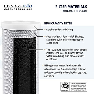 Hydronix CB-45-2005 Whole House, Commercial & Industrial NSF Coconut Carbon Block Water Filter, 4.5" x 20" - 5 Micron