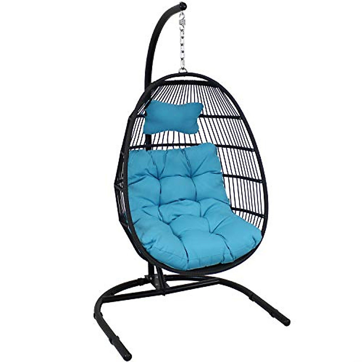 Sunnydaze Julia Hanging Egg Chair with Stand and Blue Cushions - Comfy Collapsible Outdoor Egg Chair Swing with Stand - Black Polyethylene Wicker Rattan Frame with Steel Stand - 76 Inches Tall