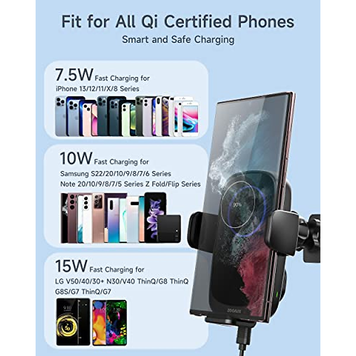 [Auto-Alignment Coil Version] ZOOAUX Wireless Car Charger, 15W Auto Clamping Car Charger Mount Air Vent Charging Phone Holder for iPhone 13 12 11 Xs X 8, Samsung Galaxy Z Flip3 S22 S21 S9 Note 10, etc