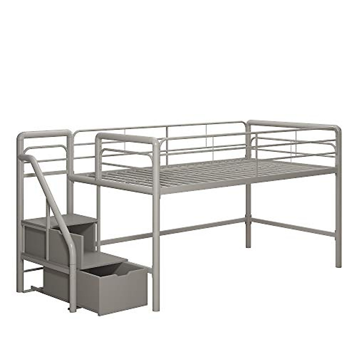 DHP Junior Twin Metal Loft Bed with Storage Steps, Multifunctional Space-Saving Solution - Silver with Gray Steps