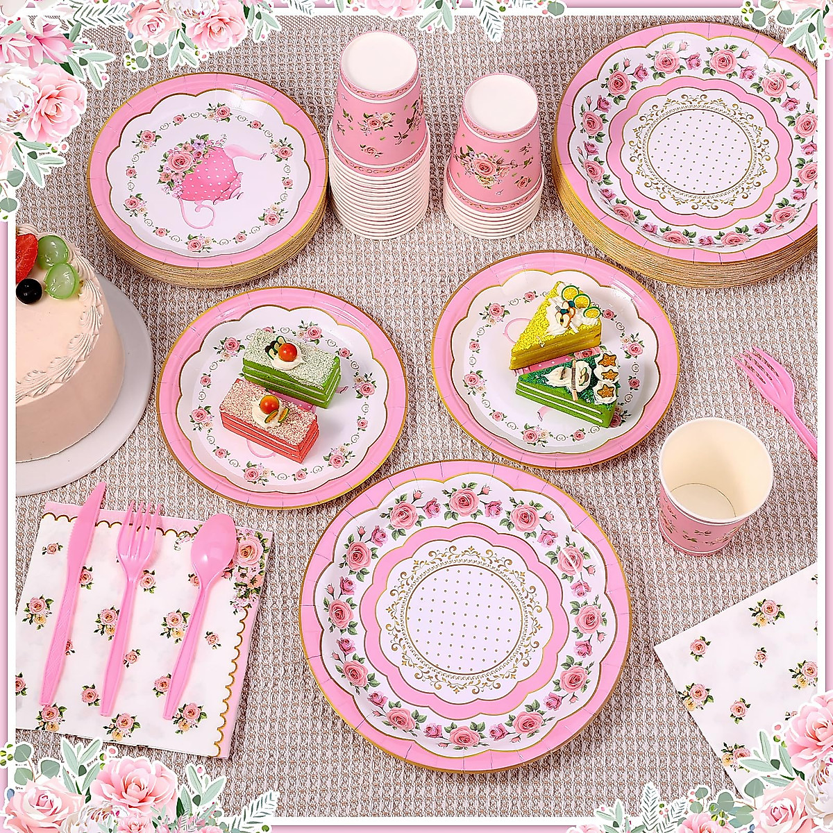400 Pcs Tea Party Plates and Cups and Napkins Sets Flower Plates and Napkins Party Supplies Tea Party Decorations Disposable Dinnerware Set for Birthday, Baby Shower, Wedding, Bridal Shower