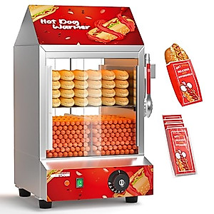 WantJoin Hot Dog Steamer, 2 Tiers Electric Hot Dog Steamer with Bun Warmer 27 L/24.52 QT, Visuable Glass Slide Doors Suit for 175 Hot Dogs and 40 Buns