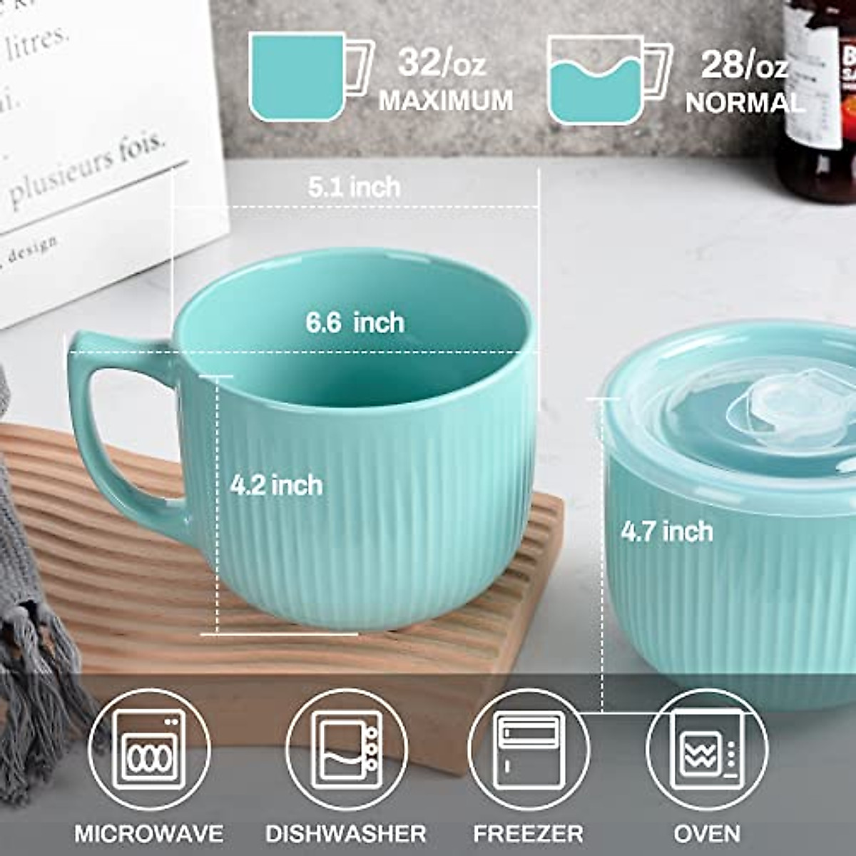 ZEBERBO Soup Bowls, 32 Ounce Soup Bowl with Handles, 2packs 5 inch Jumbo Soup Mug with Handle/Lid, Cereal Bowl for Oatmeal, Gumbo, Salad, Ceramic Soup Cup, Microwave & Oven Safe