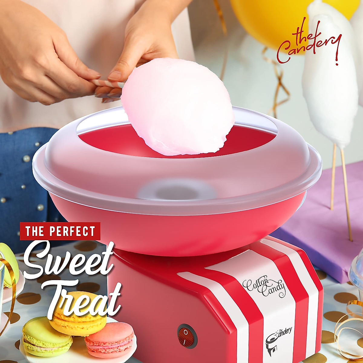 The Candery Cotton Candy Machine - Bright, Colorful Style- Makes Hard Candy, Sugar Free Candy, Sugar Floss, Homemade Sweets for Birthday Parties - Includes 10 Candy Cones & Scooper