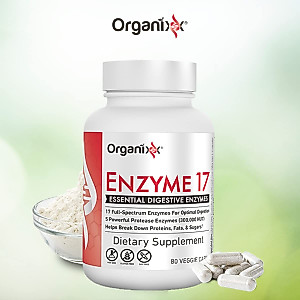 Organixx Enzyme 17 Essential Digestive Enzymes, for Optimal Digestion & Gut Health, Support for Bloating, Gas, Nutrient Absorption & Immunity, Non GMO, Vegan, 80 Veggie Capsules