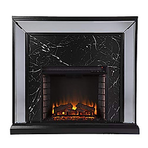 SEI Furniture Trandling Mirrored Faux Marble Fireplace, Antique Silver/Black/Mirror