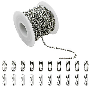 32.8 Feet Stainless Steel Ball Beaded Chain Necklace Chains for Making Jewelry with 20 Pieces Matching Connectors Silver Color Metal Pull Chain Roll Spool Ball for Dog Tag DIY (2.4mm in Diameter)