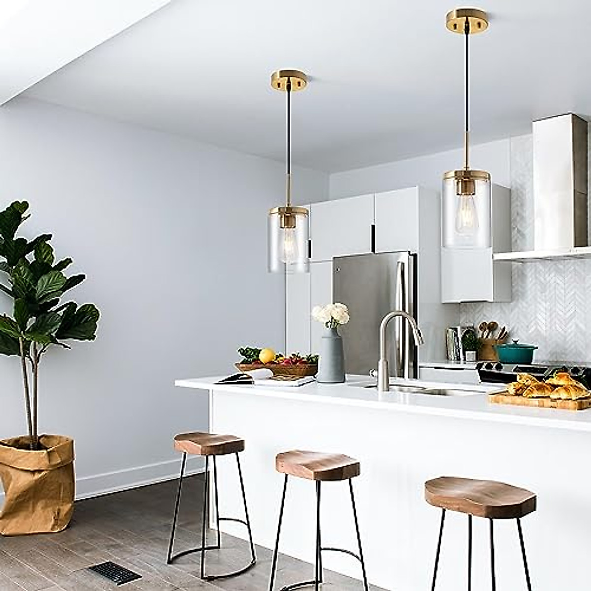 OUVR Gold Pendant Light Fixtures,5 Inch Globe Pendant Lights Kitchen Island with Clear Glass, Hanging Lights for Kitchen Island, Dining Room, Bedroom, Hallway, Farmhouse - 1 Pack