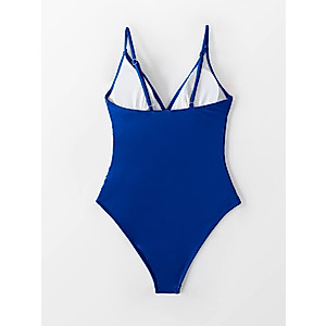 CUPSHE Women's One Piece Swimsuit Shirring Design V Neck Low Back Bathing Suit, Deep Blue, L