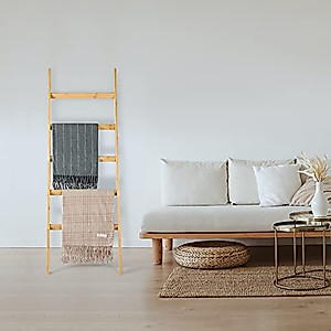 SIMEFUL 5 ft Blanket Ladder,Blanket Display Rack, Farmhouse Blanket Holder,Wall Leaning Ladder Shelf,Bamboo Towel Rack,Decorative Quilt Stand for Living Room, Bathroom, Bedroom