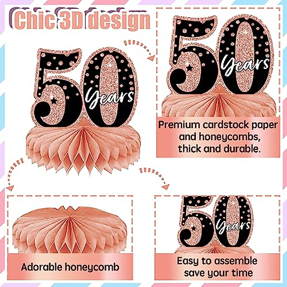 10Pcs Rose Gold 50th birthday decorations Honeycomb Centerpieces for women ，Happy 50th Birthday Centerpieces Tables Toppers Party Supplies,50th Birthday Table Sign Decor