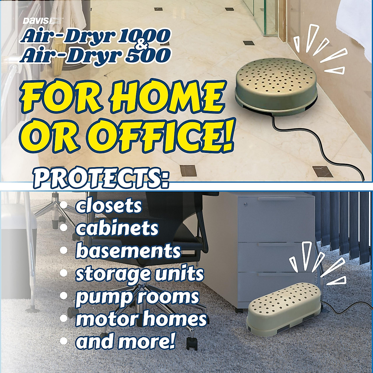 Davis Air-Dryr 500 & 1000 2 Pack Bundle - Quiet Room Dehumidifier for Moisture Problems and Wet Air Solution - Boat Dehumidifier - Portable Dehumidifier for RV, Camper, Bathroom, Bedroom and More