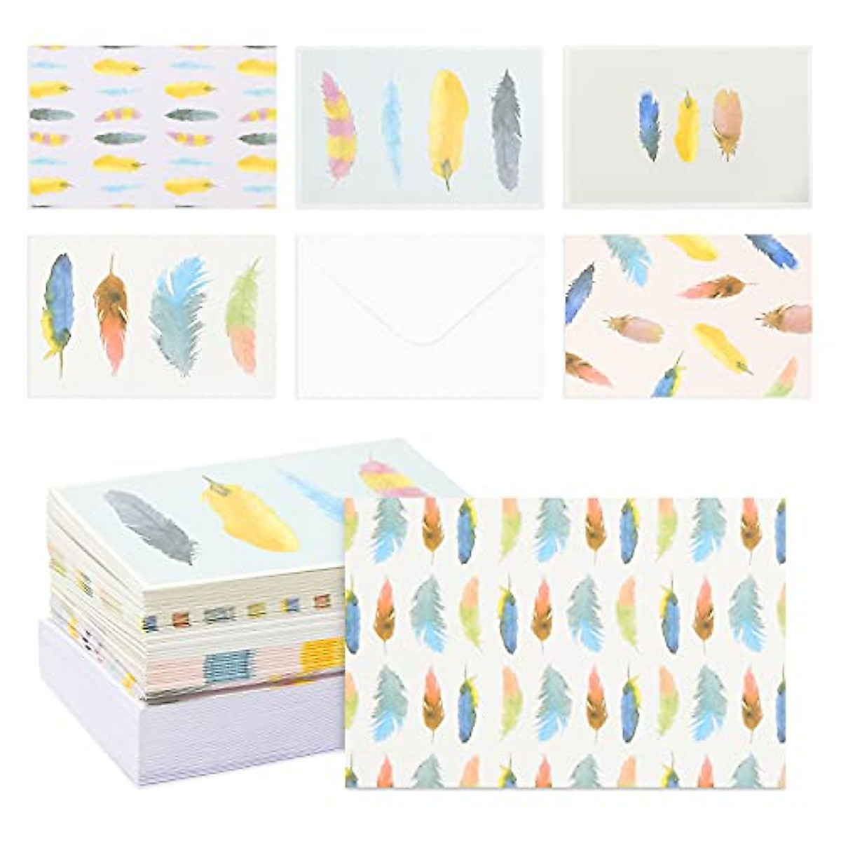 Blank Bird Greeting Stationary Cards with Envelopes, Watercolor Feather (4x6 In, 48 Pack)