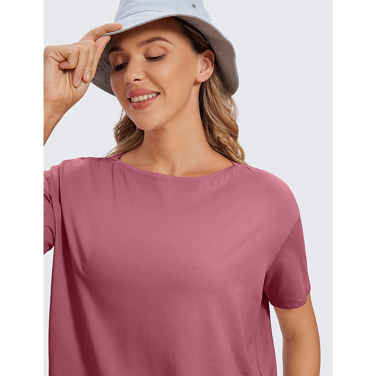 CRZ YOGA Women's Pima Cotton Short Sleeve Shirts Boat Neck Loose Fit Gym Workout T-Shirt Athletic Casual Tops Misty Merlot X-Large