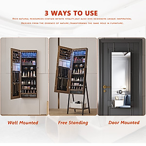 Lvifur LED Jewelry Armoire Freestanding, 3 Color Dimmable 47.2'' Full Length Mirror Large Capacity Jewelry Organizer Armoire, Lockable Floor Standing Mirror All in One for Bedroom (47.2'' Wooden)