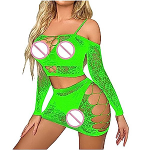 My Orders Lingerie for Women Stripper Outfit for Sex Naughty Sexy Lace Hollow Fishnet Teddy Babydoll 2 Piece Plus Size Exotic Bodysuit Green