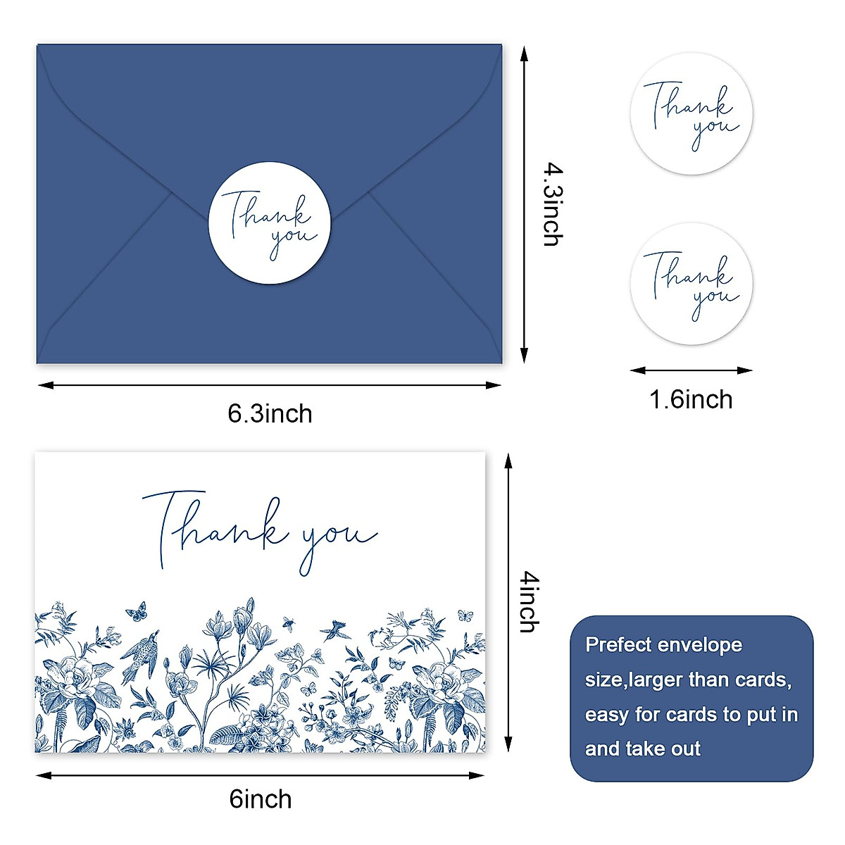 Whaline 36Pcs Blue Floral Thank You Cards with Envelope Stickers Wild Floral Thank You Note Cards for Wedding Bridal Shower Birthday Supplies