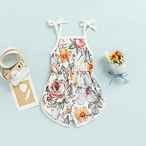 Bmnmsl Newborn Baby Girl Clothes Romper Floral Sleeveless Tie-Up Spaghetti Strap Halter Jumpsuit Infant Toddler Summer Sling Playsuit (A1 White Flower, 12-18 Months)
