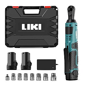 LIKI Cordless Electric Ratchet Wrench Set, 3/8" 12V Cordless Ratchet Kit，2 Packs of Lithium-ion Batteries and Chargers, 8 Sockets