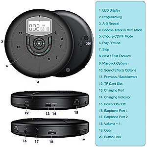 CD Player Portable, Portable CD Player with Built-in Speakers, Rechargeable CD Player for Car and Personal Use, Walkman CD Player with Headphones