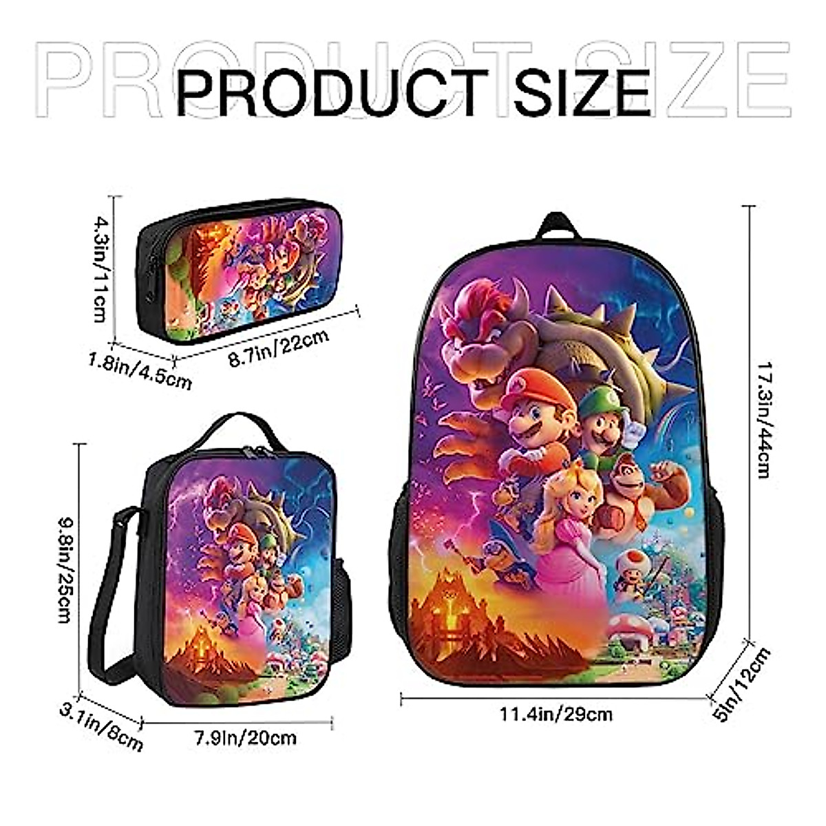 Kids 3pcs Backpack Set with Lunch Box and Pencil Bag Boy Girls Cartoon School Bag Travel Backpack Back to School Supplies