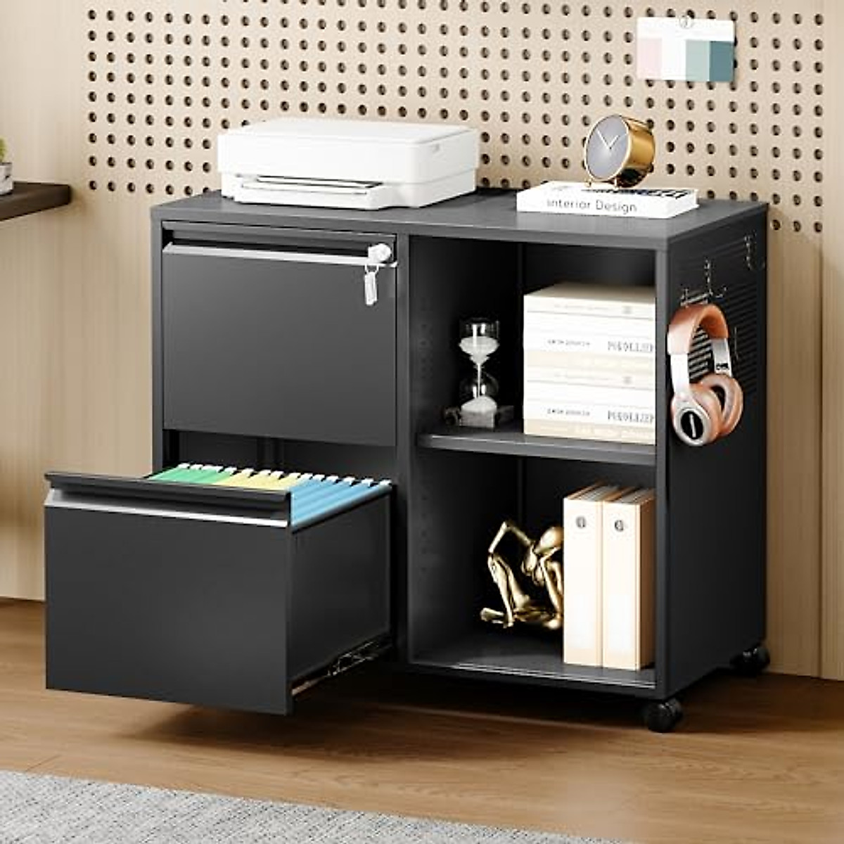 LISSIMO Lateral File Cabinet,2 Drawer Mobile Storage Cabinet with Lock fits A4 or Letter Size for Home Office,Rolling Printer Stand with Open Storage Adjustabl Shelves(Black)