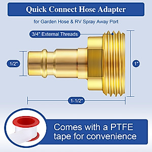 Dreyoo Quick Connector Hose Adapter Replacement for PF247007, 1/2" Quick Connector for 3/4" Garden Hose RV Spray Port Outlet and Spray Away, Quick Connectors Adapter with PTFE Tape, Brass(2 Pcs)