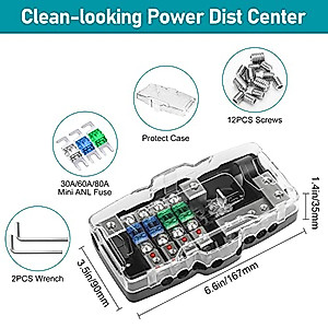 Power Distribution Block, Fused Power Distribution Block Car Audio 4 Way MIDI(Mini-ANL) Fuse Block, Support 12V Input 0-4 Gauge & Output 4-8 Gauge with Ground for Auto UTV Boat Stereo Amp