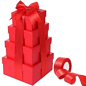 Clabby Square Nesting Gift Boxes with Lid Christmas Rigid Gift Box, 4 Assorted Sizes Boxes for Presents with 1 Roll Ribbon for Valentines Bridal Bridesmaid Wedding Anniversary Favor (Red)
