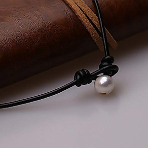 Women White 3 Cultured Freshwater Pearls Choker Necklace on Genuine Leather Cord Knotted Jewelry-Black 14"