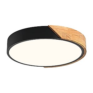 Vikaey Modern LED Ceiling Light, Minimalist Wood Flush Mount Ceiling Light Fixture, 4000K Not Dimmable, Circle Lighting Lamp with Acrylic Lampshade for Bedroom Laundry Room Hallway (Black,11.8")