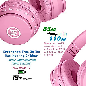Mokata Headphones Bluetooth Wireless/Wired Kids Volume Limited 85 /110dB Over Ear Foldable Noise Protection Headset with AUX 3.5mm Mic for Boys Girls Child Travel School Cellphone Pad Tablet PC Pink