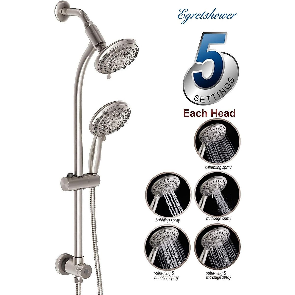 Egretshower Handheld Showerhead & Rain Shower Combo for Easy Reach, 27.5" Drill-free Stainless Steel Slide Bar, 5”of 5-setting Handheld Shower and Showerhead, with 5ft Hose -Brush Nickel