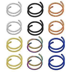 Double Hoop Nose Lip Ring Studs Nostril Cartilage Piercing Single Piercing Double Spiral Nose Rings Earring for Unisex 12PCS