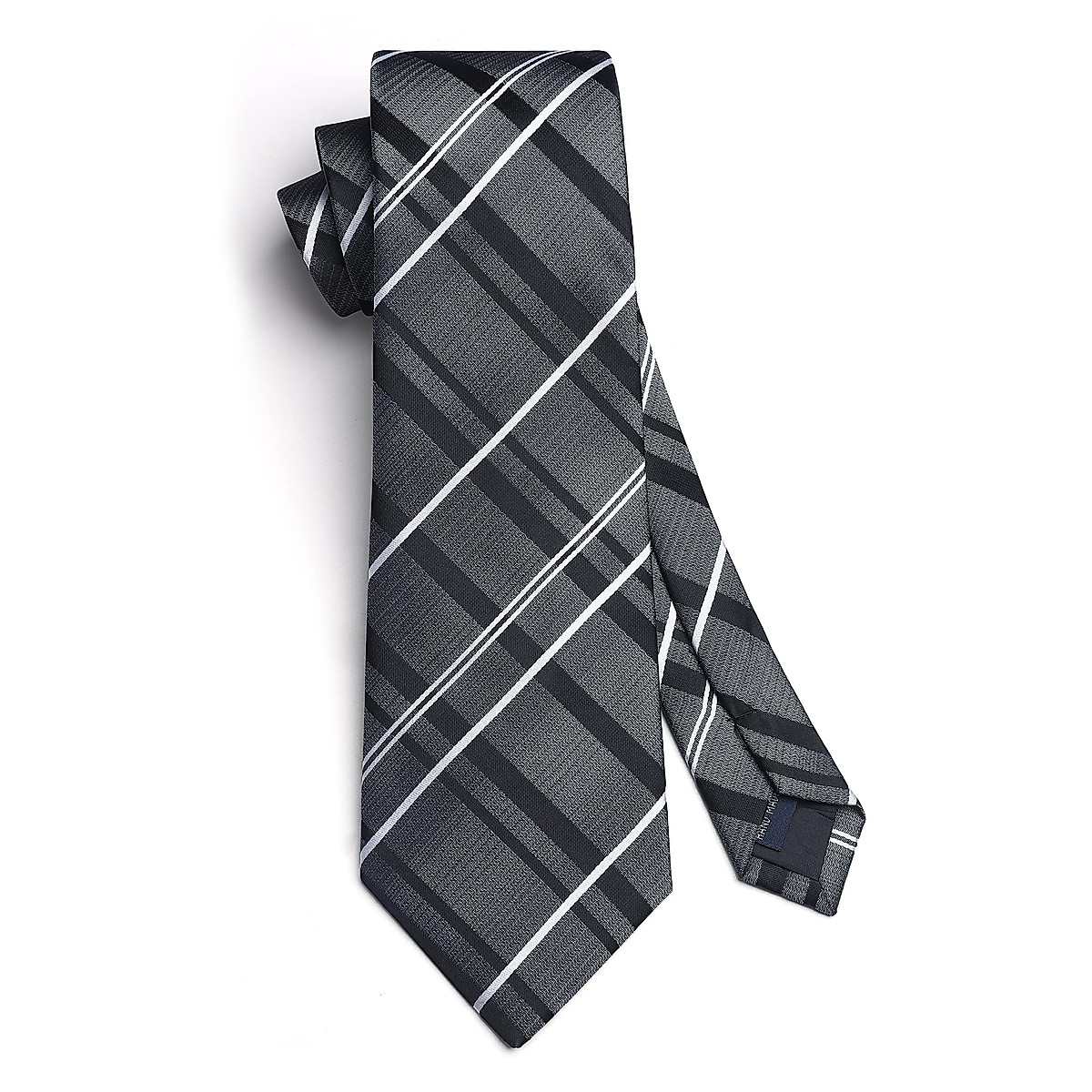 HISDERN Stripe Ties for Men Set Gray and Black Men's Ties Handkerchief Cufflinks Classic Formal Silk Necktie Wedding Business